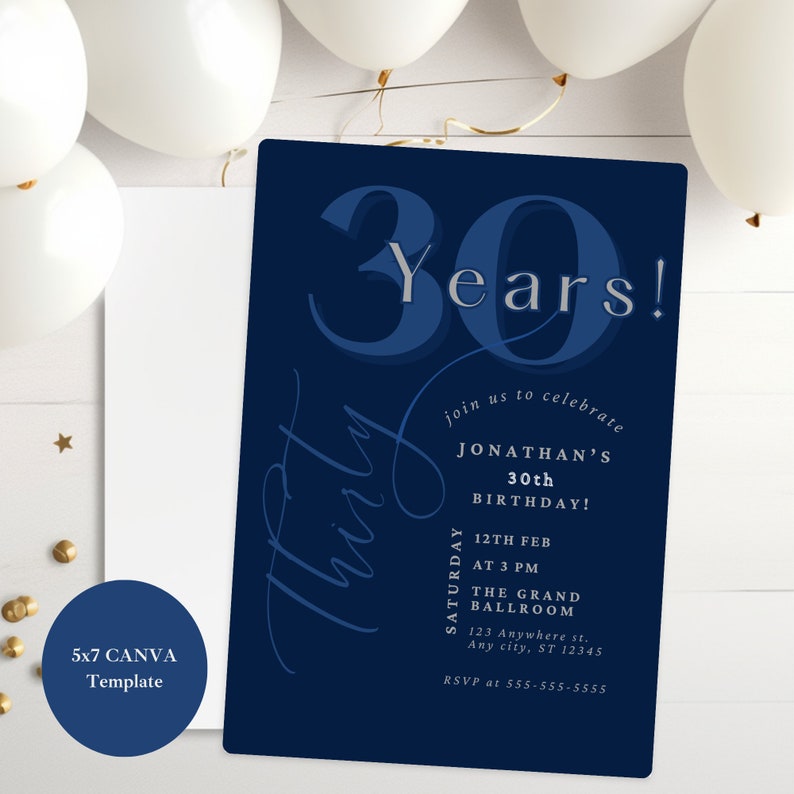 Blue 30th Birthday Invitation, Male 30th Birthday Invitation, Navy Blue ...