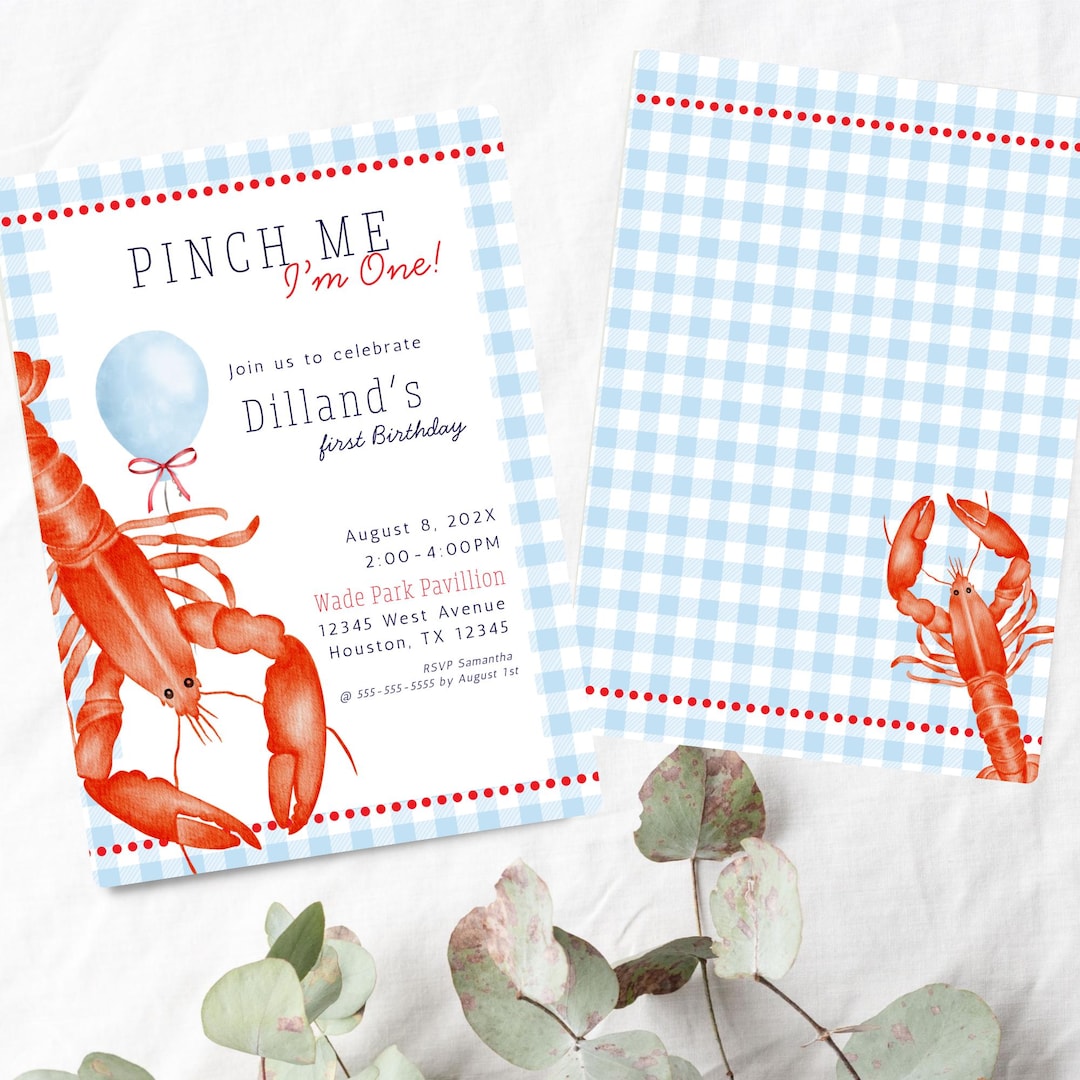 Pinch Me I'm One Crawfish Birthday Invite, Preppy Baby Blue Gingham ...