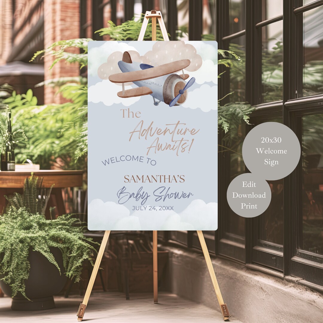 Vintage Airplane Baby Shower Welcome Sign: Blue, Gray, Brown (20x30 ...