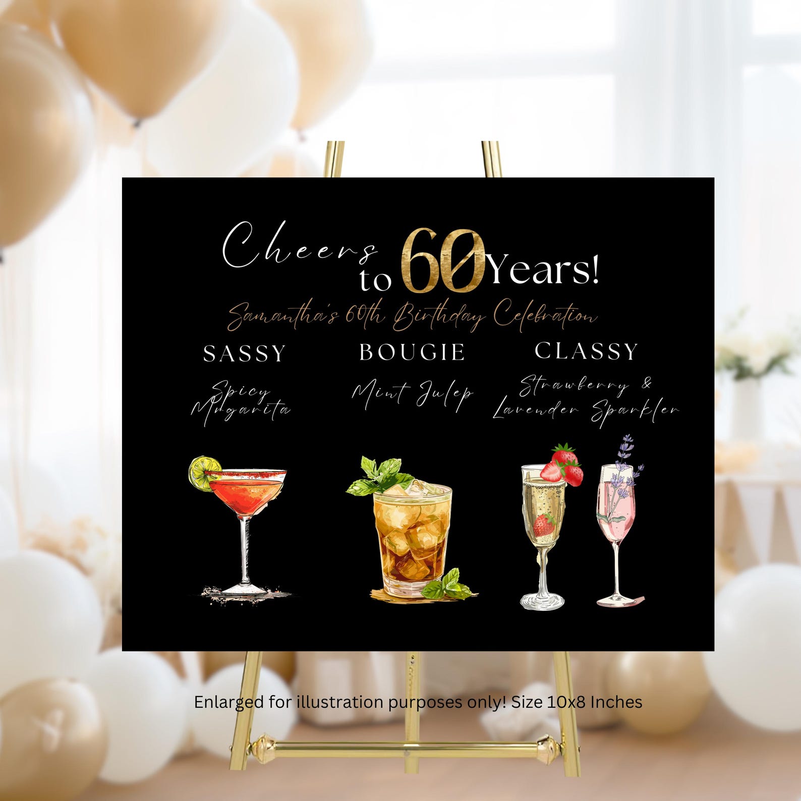 Editable 60th Birthday Drink Menu: Black & Gold Bar Sign (10x8, Canva ...