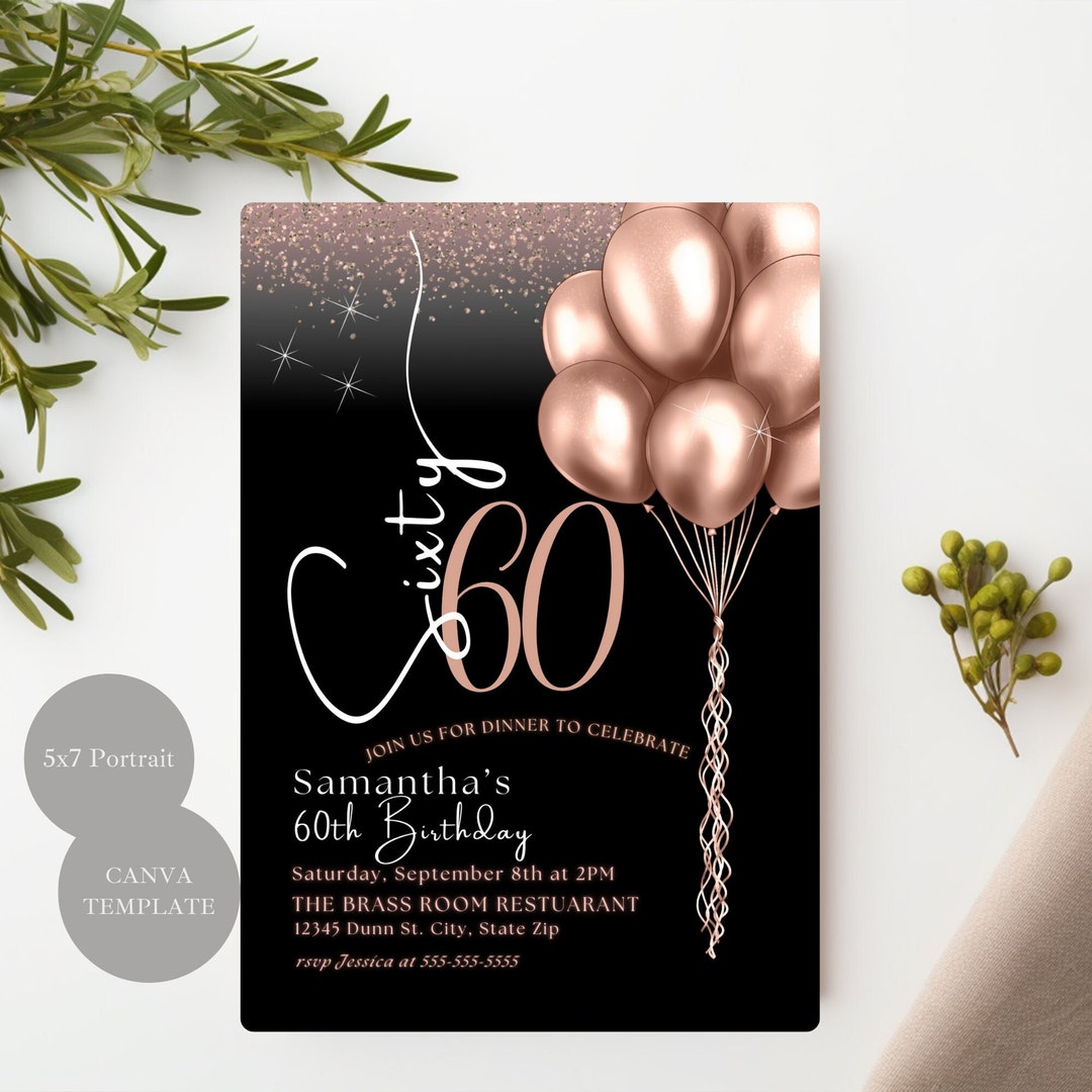Ladies 60th Birthday Invitation, Printable Black & Rose Gold Shimmer ...