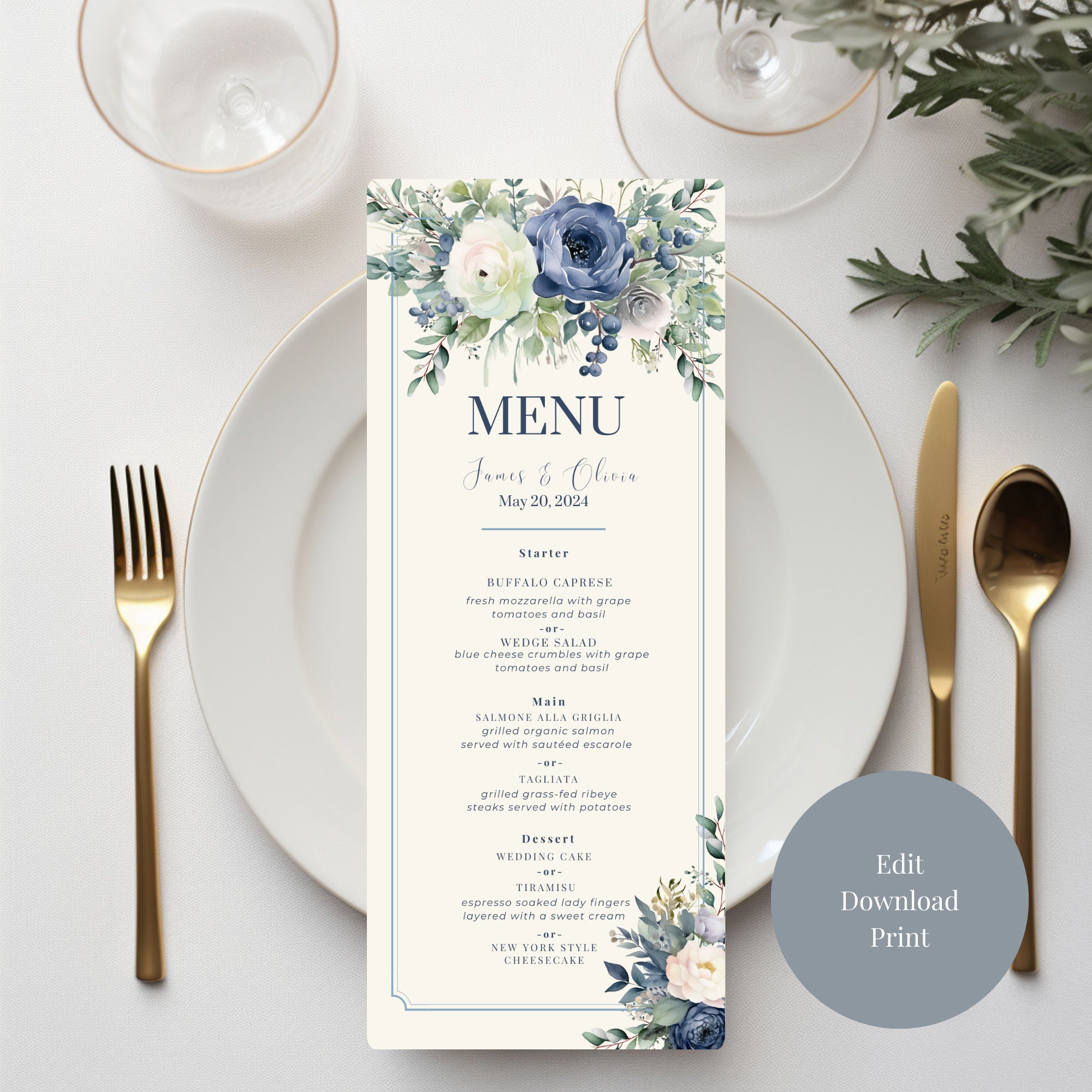 Blue Floral Wedding Menu Template, Dusty Blue & Navy Floral Wedding ...