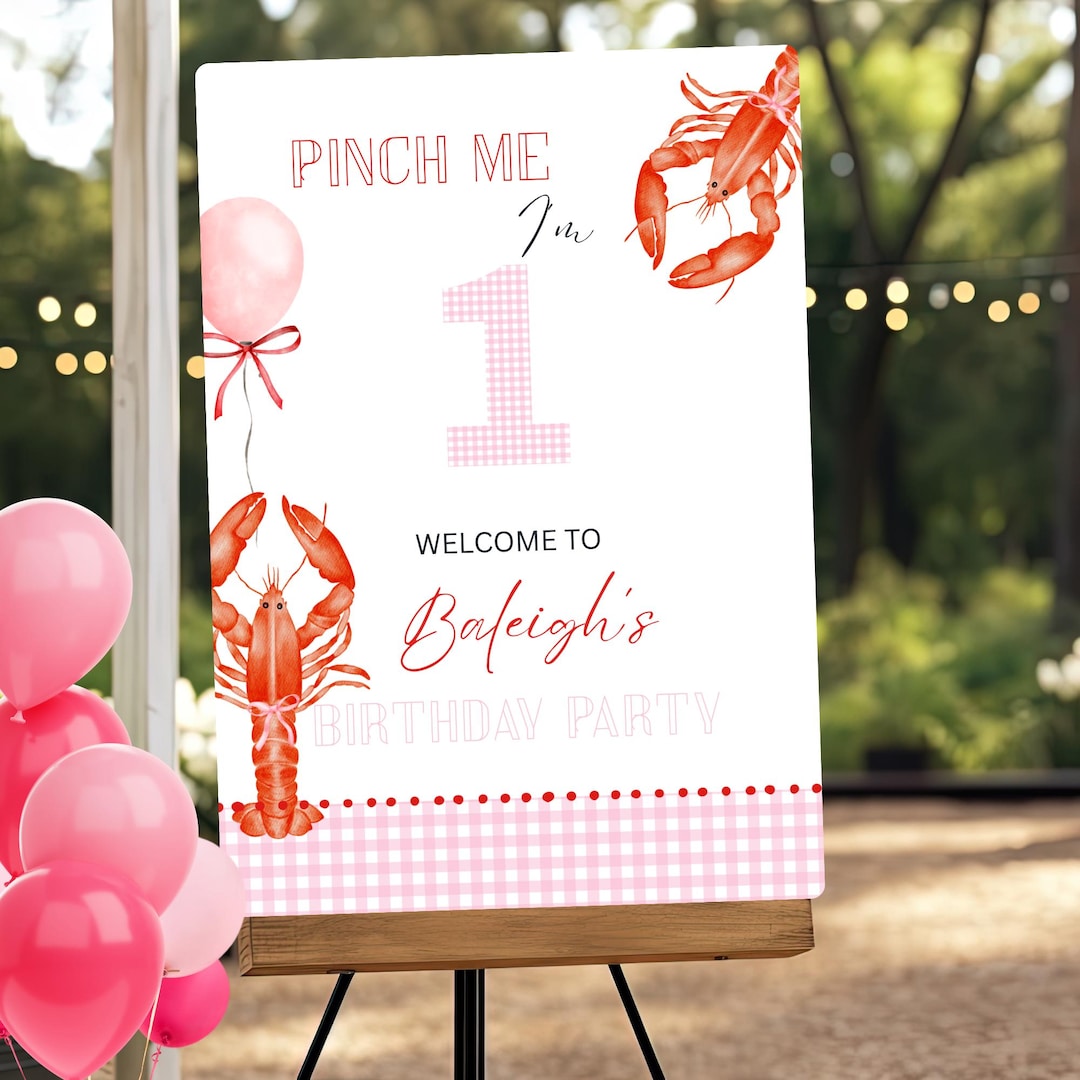 Pinch Me I'm One Crawfish Birthday Sign, Preppy Pink Gingham Crawfish ...