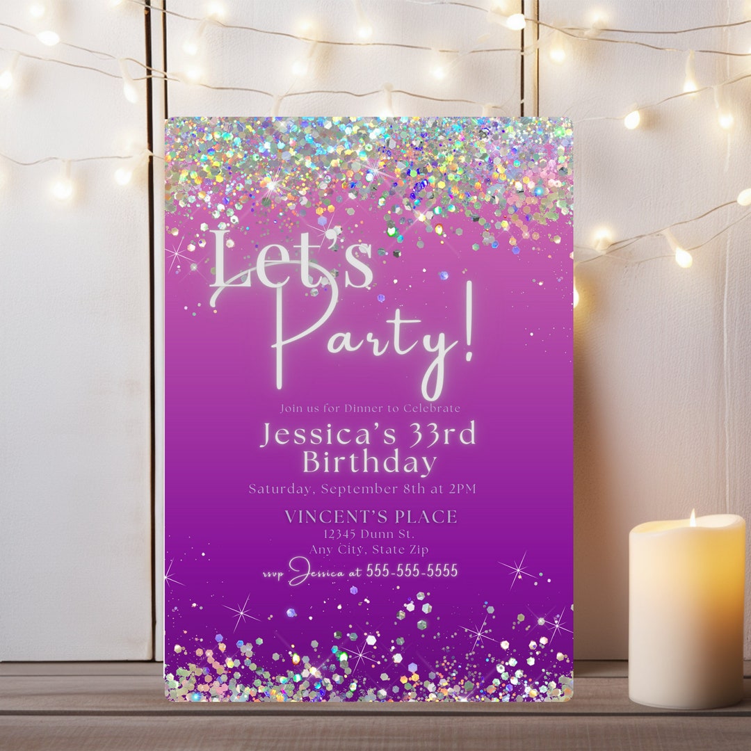 Purple Ombre Glitter Diamond Birthday Invitation Template, Any Age ...