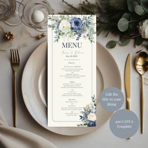 Blue Floral Wedding Menu Template, Dusty Blue & Navy Floral Wedding ...