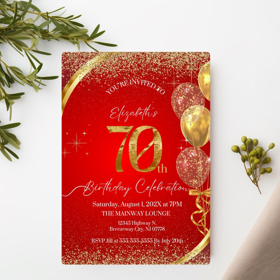 Red and Gold 70th Birthday Invitation Template: Shimmer Bling, Dressy ...