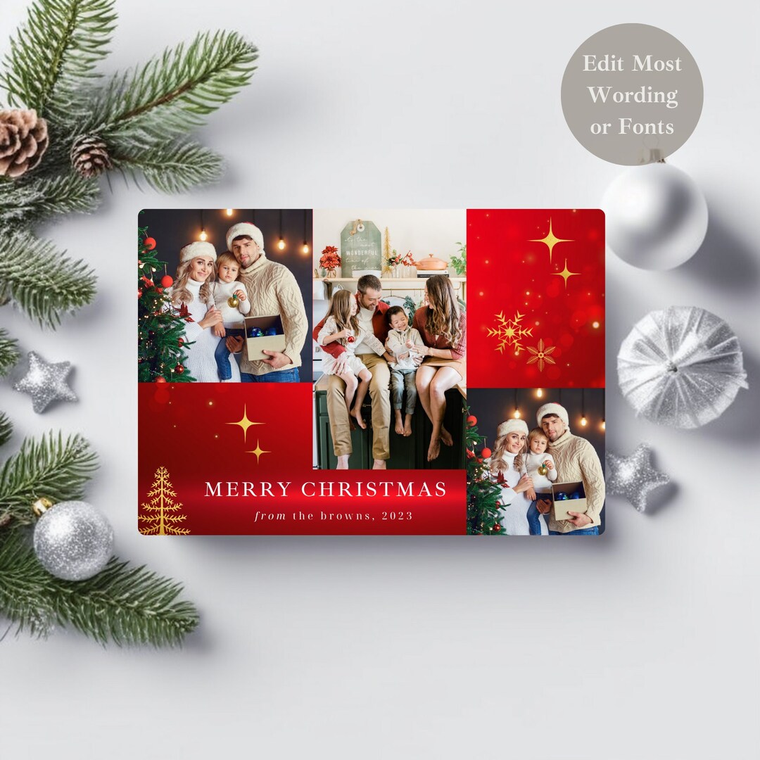 Editable Red and Gold Snowflake Christmas Photo Collage Card, Red and ...