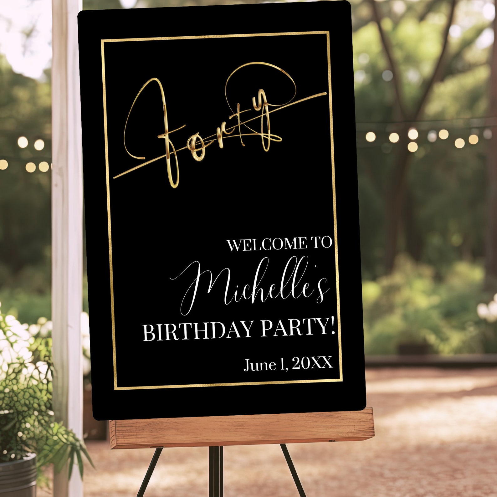 Minimalist 40th Birthday Welcome Sign, Modern Black & Gold Party 40 ...
