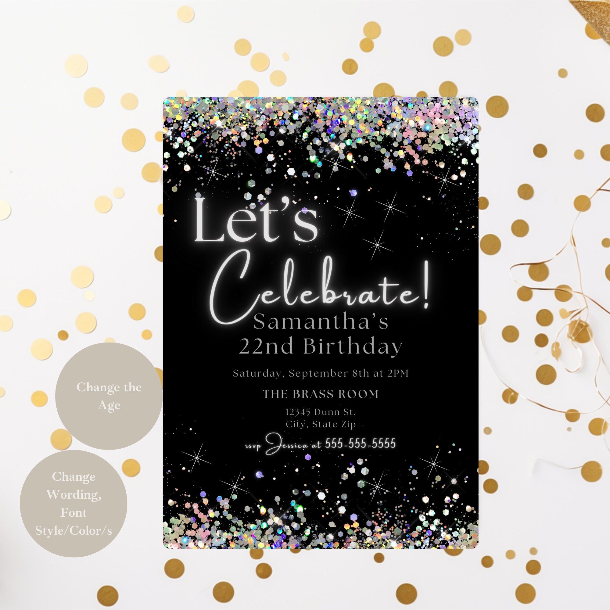 Black Glitter Diamond Birthday Invitation Template, Let's Celebrate Shimmer Black Invitation ...