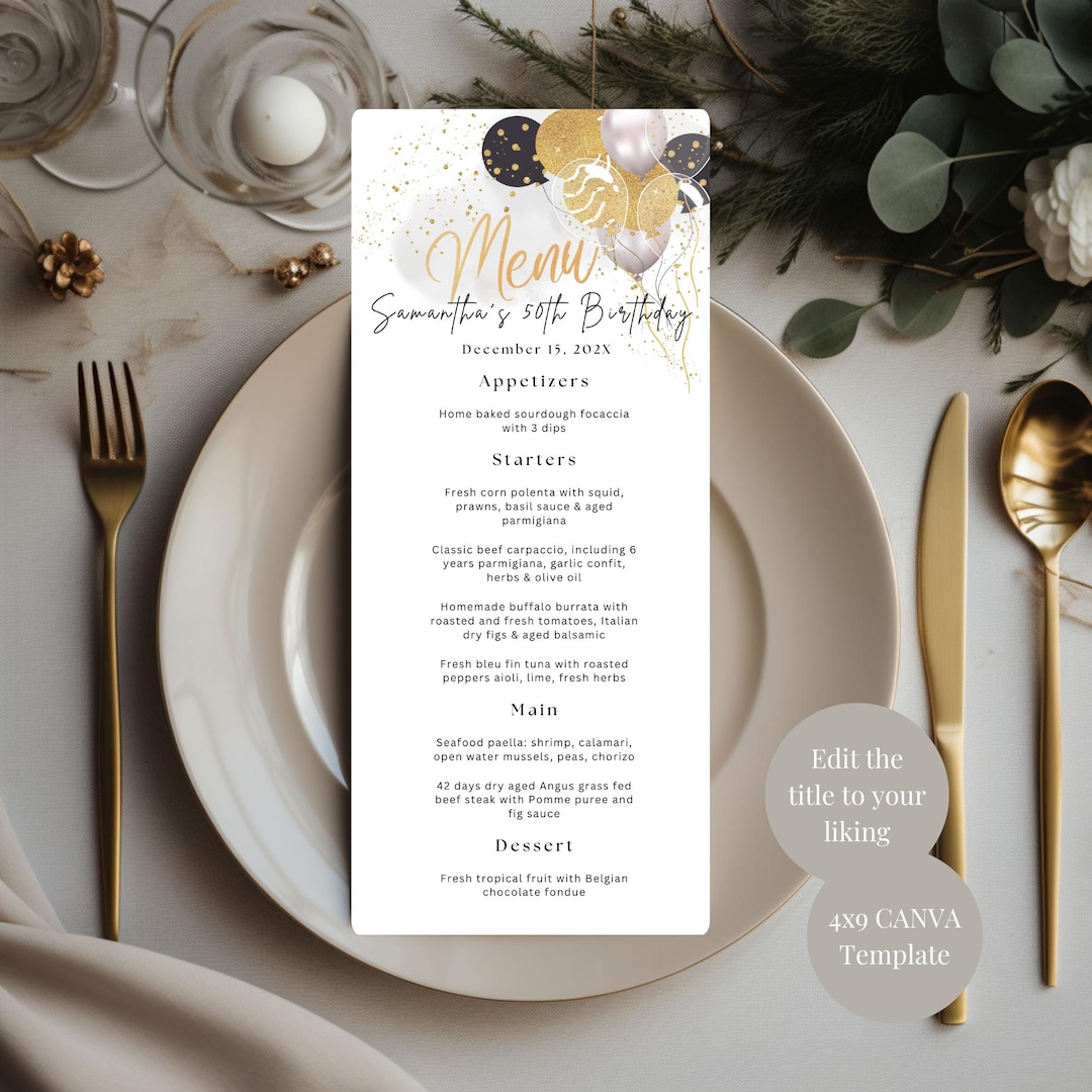 Custom Dinner Menu Template With Black & Gold Balloons, White Black and ...