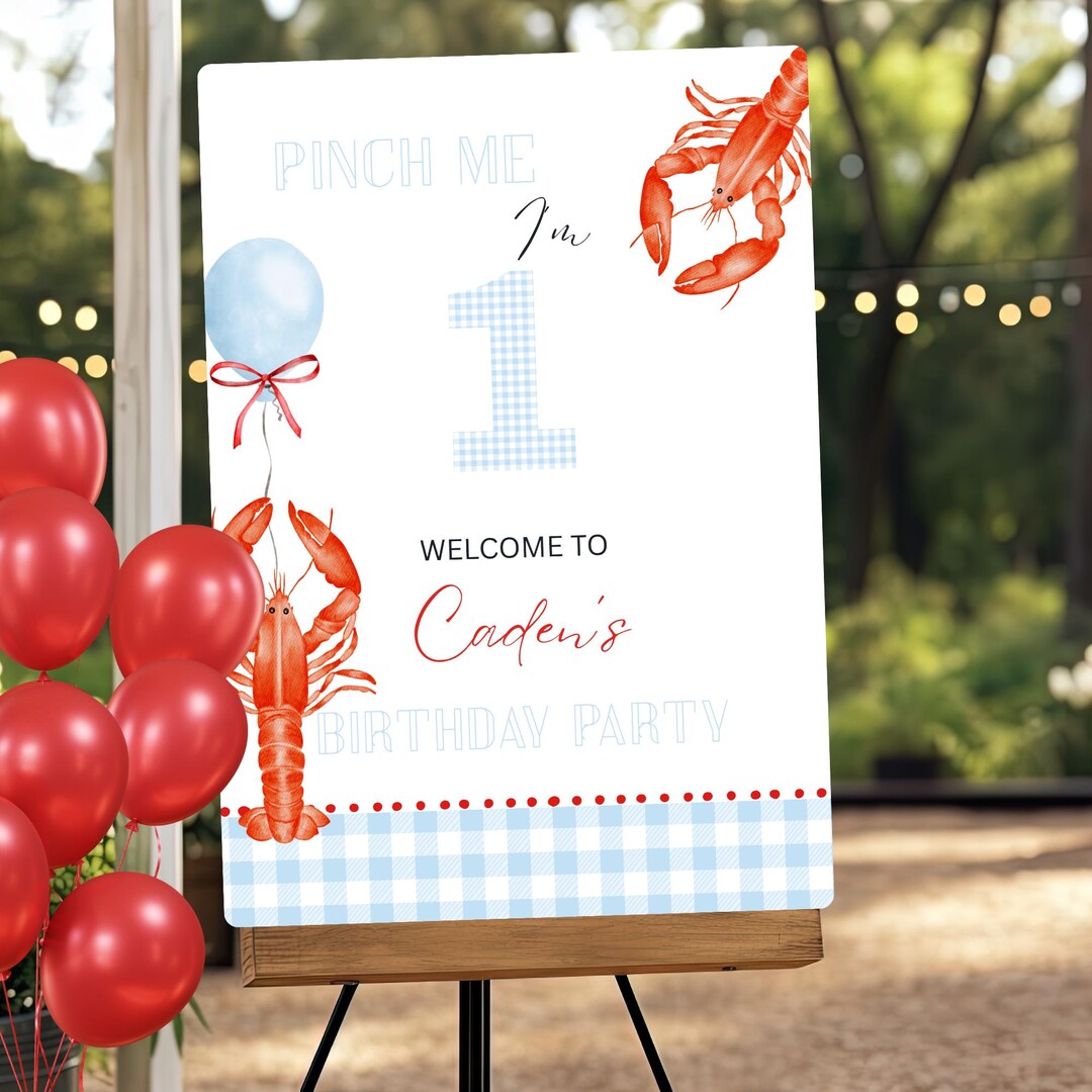 Crawfish 1st Birthday Welcome Sign: Blue Gingham, Bows (18x24 Portrait ...