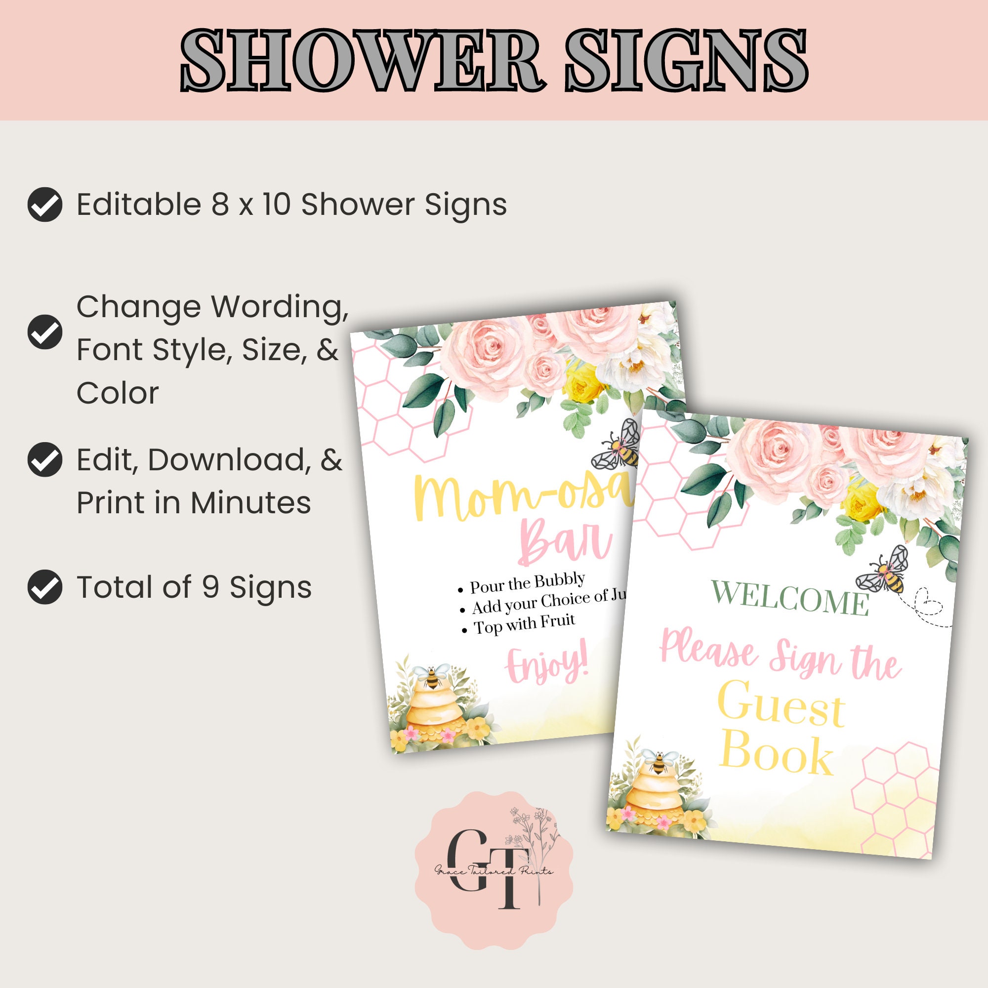 Floral Bee Baby Shower Table Signs, Girl Bee Theme Baby Shower Signs ...