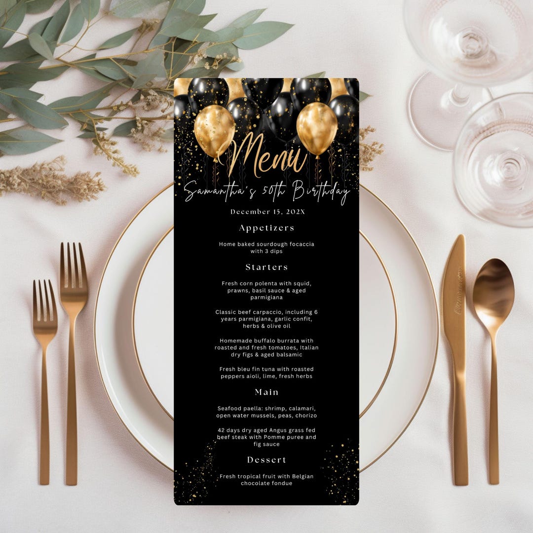 Black & Gold Birthday Dinner Menu Template (digital Download) - Etsy