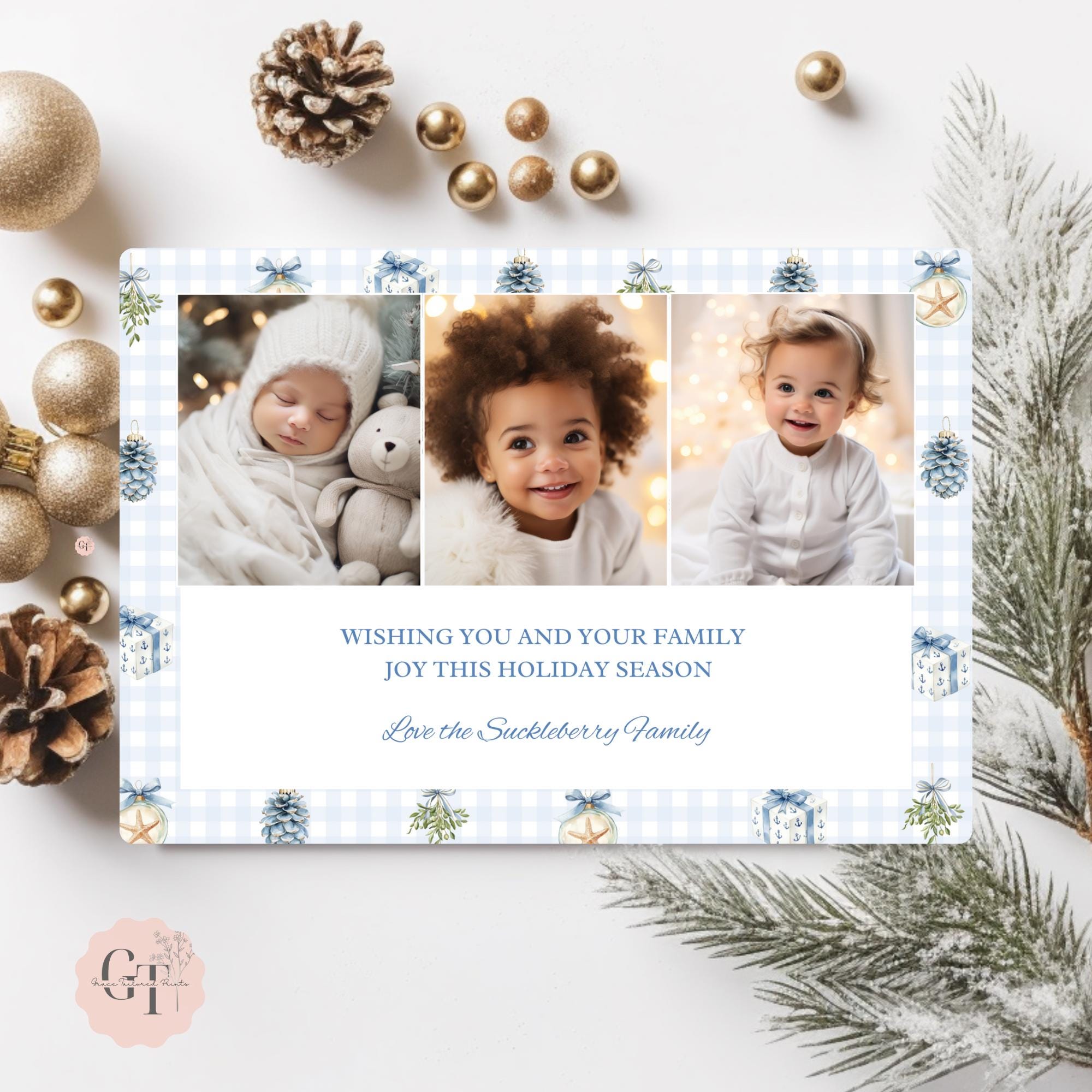 Blue Gingham Beach Christmas Photo Card: Coastal Holiday Card (digital ...