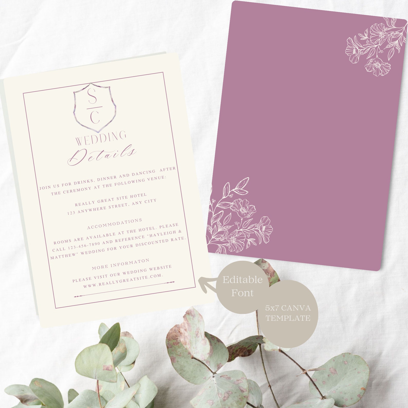 Mauve Crest Monogram Wedding Details Card Template (digital Download ...