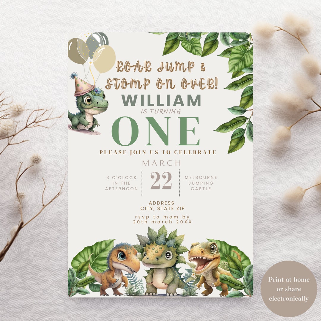 Dinosaur 1st Birthday Invitation Template, Printable Baby Dino Theme ...