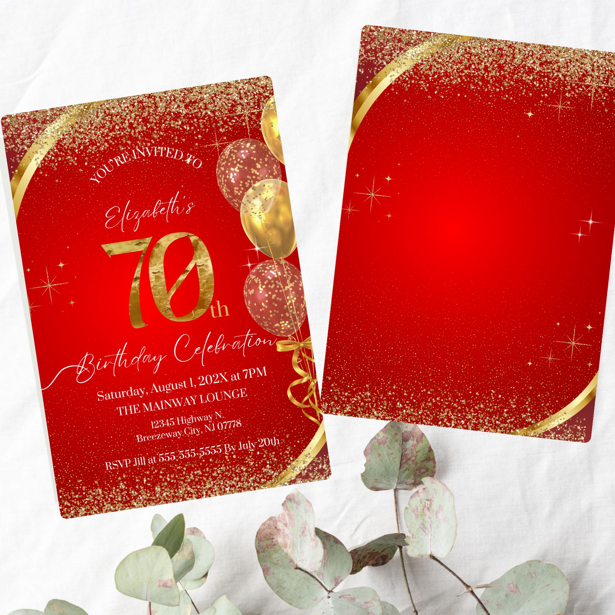 Red and Gold 70th Birthday Invitation Template: Shimmer Bling, Dressy ...