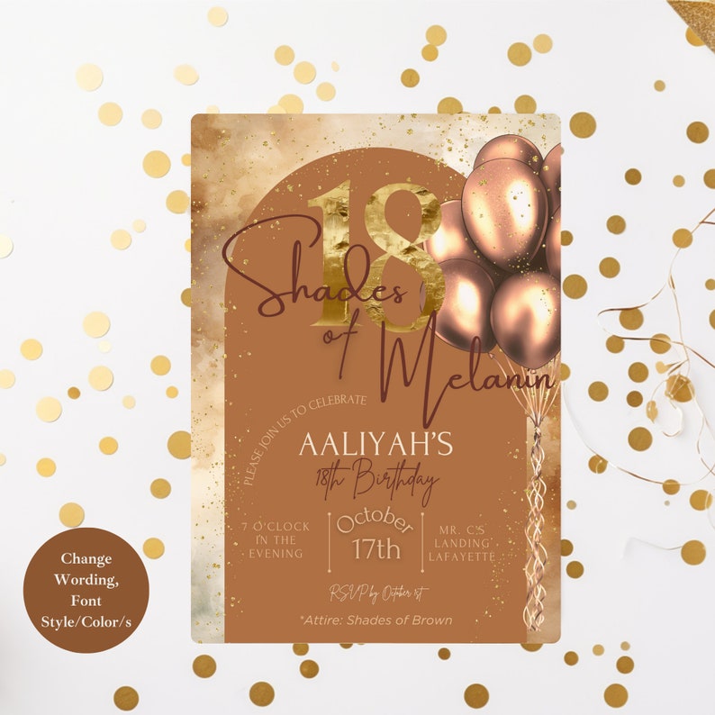 18 Shades of Melanin Birthday Invitation, Shades of Brown Invite, Brown & Gold Template, 18th ...