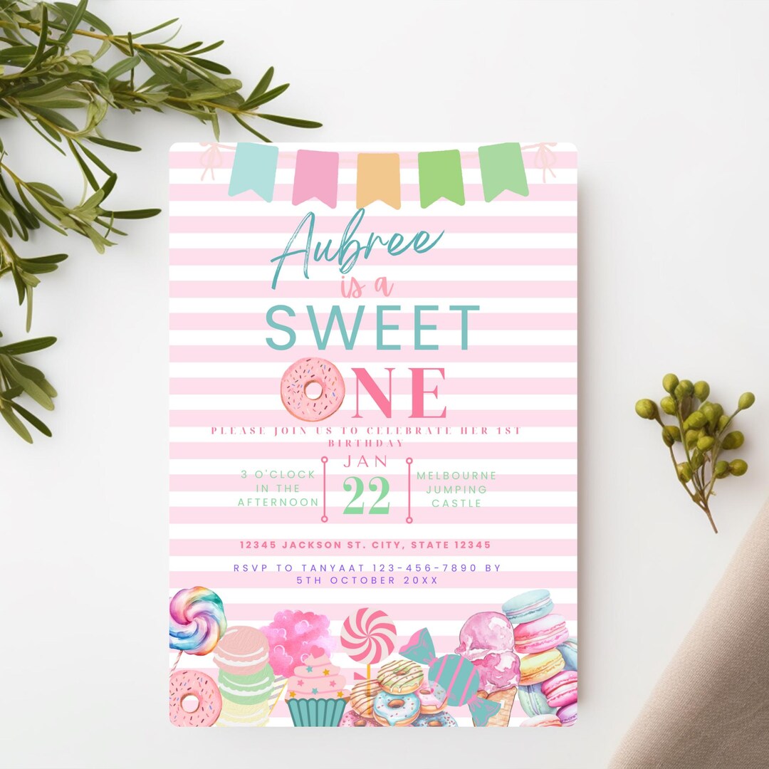 Sweet One Birthday Invitation, Sweets 1st Birthday Invitation Template ...