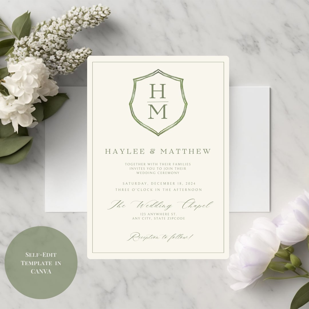 Classic Green Crest Monogram Wedding Invitation Template, Olive Ivory ...