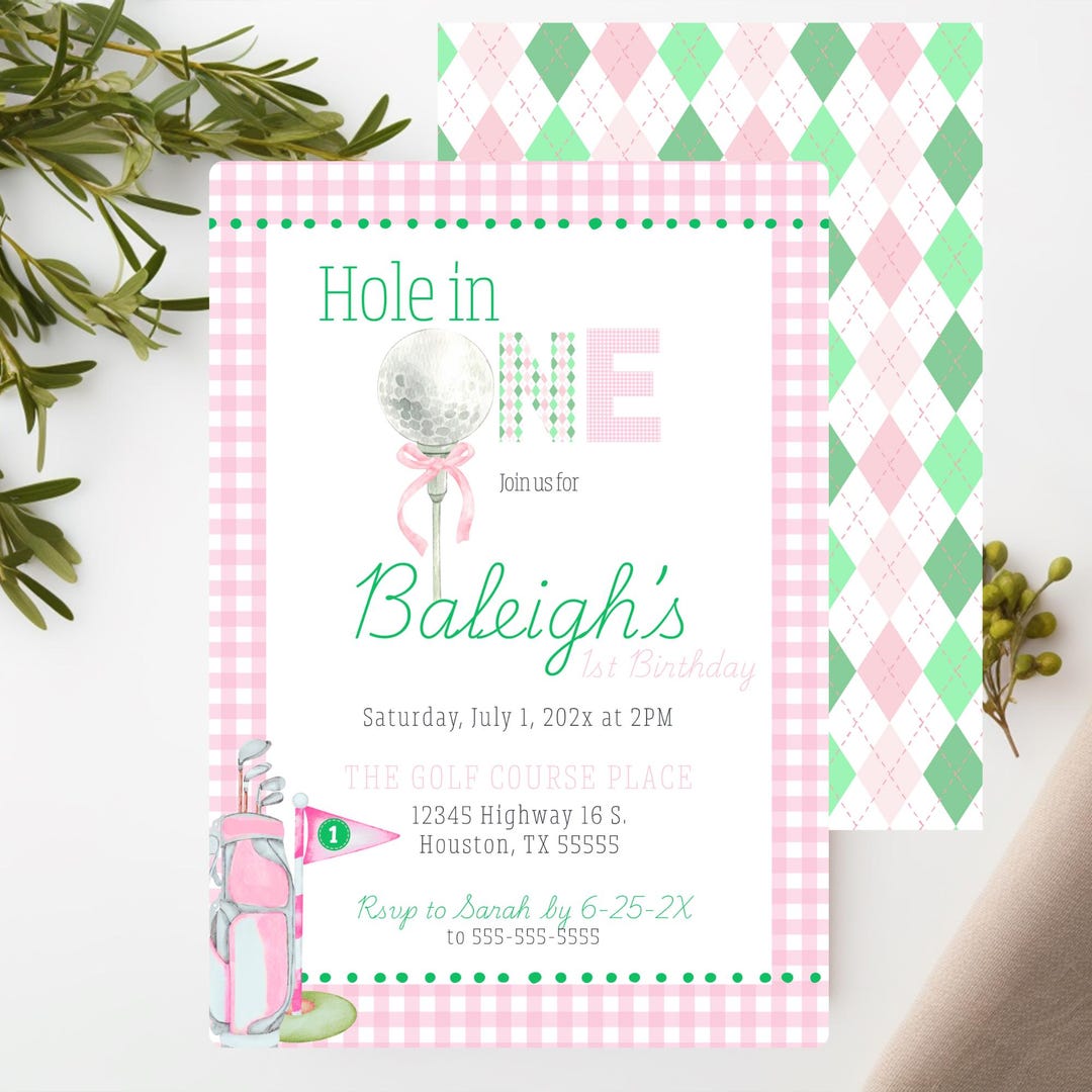 Pink Gingham Golf Birthday Invitation: Hole in One, Girl's 1st (canva ...