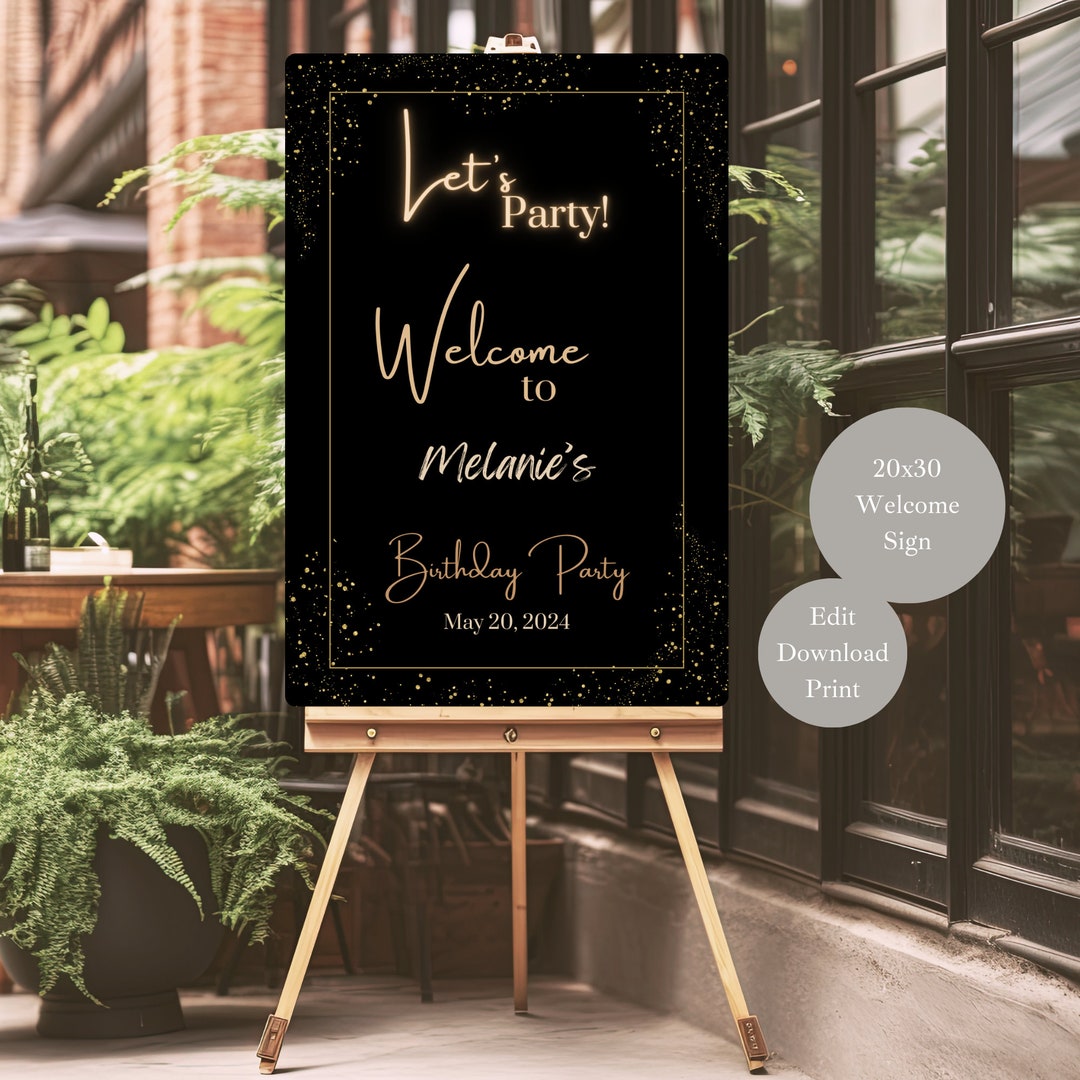 Let's Party Black & Gold Birthday Welcome Sign, Black Gold Party ...