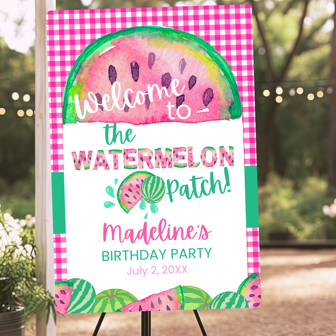 Custom Gingham Watermelon Welcome Sign Template for Party, Pink & Green ...