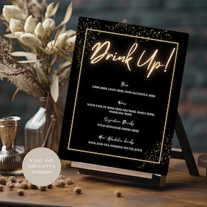 Black and Gold Drink Menu Sign, Wedding or Birthday Bar Menu Sign ...