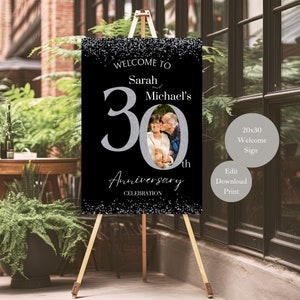30 Year Wedding Anniversary Welcome Sign Template, Black & Silver 30th ...