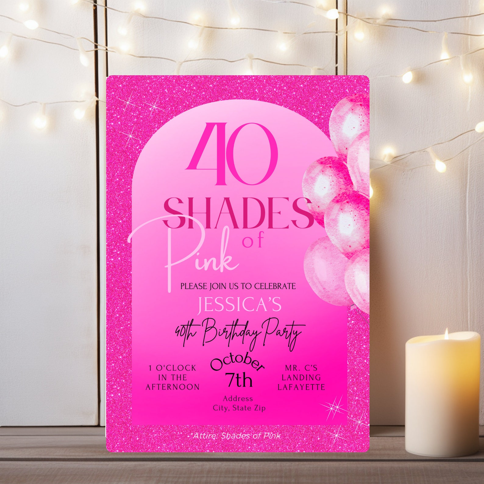 40 Shades of Pink Glitter Birthday Invitation, Shades of Pink ...