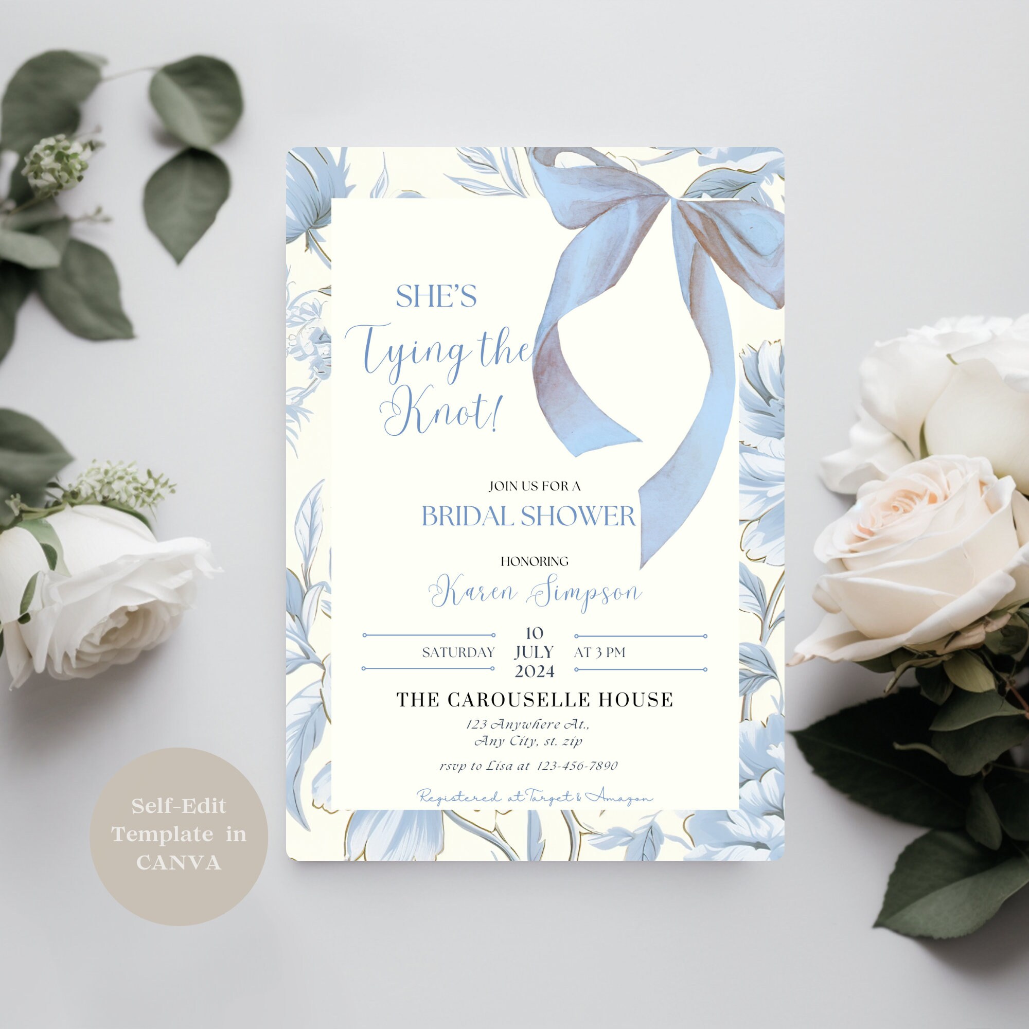 She's Tying the Knot Blue Bridal Shower Invitation Template, Floral ...