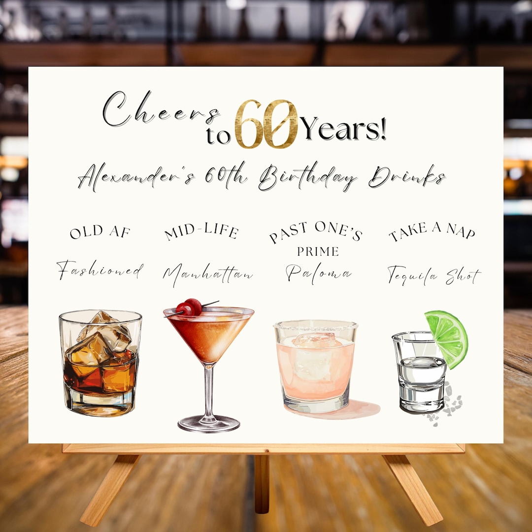 Editable 60th Birthday Drink Menu: White and Gold 60th Birthday Bar ...
