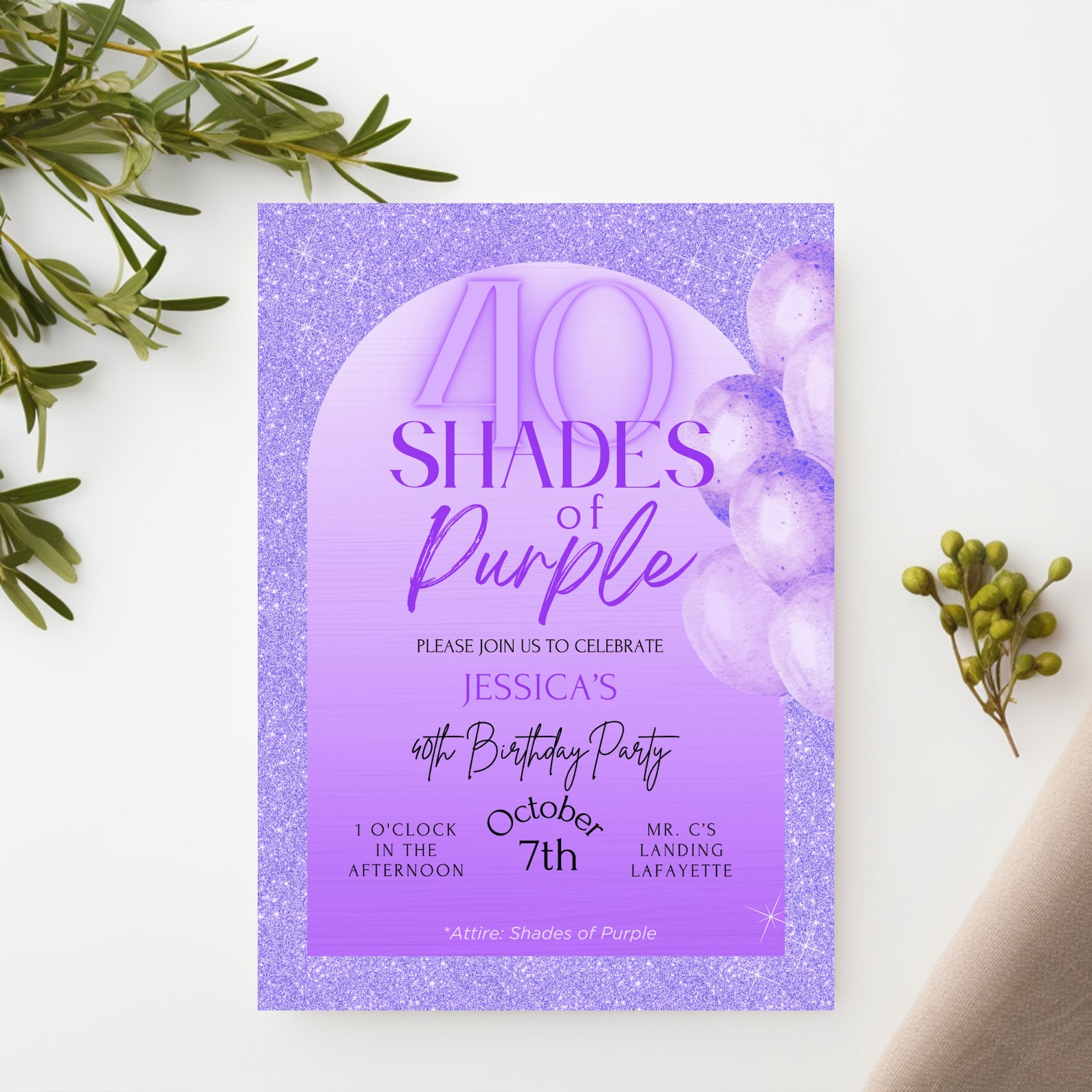 40 Shades of Purple Glitter 40th Birthday Invitation Shades - Etsy