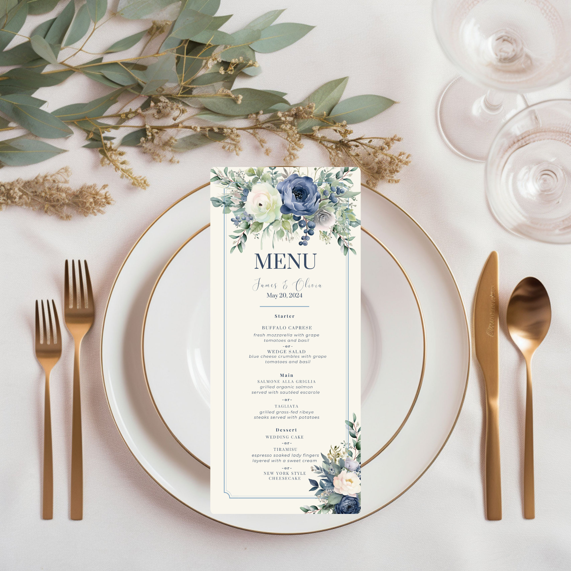 Blue Floral Wedding Menu Template, Dusty Blue & Navy Floral Wedding ...