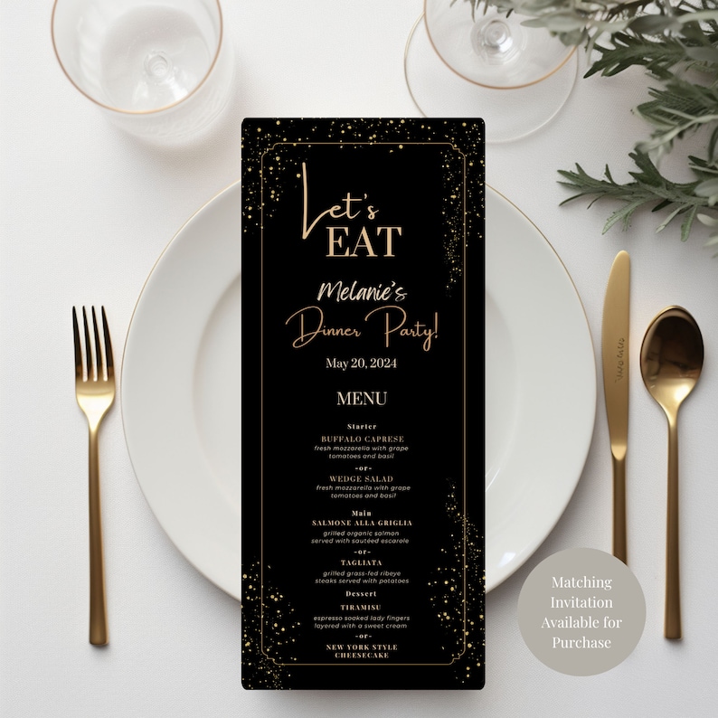 Black and Gold Wedding Menu Template, Black and Gold Birthday Dinner ...