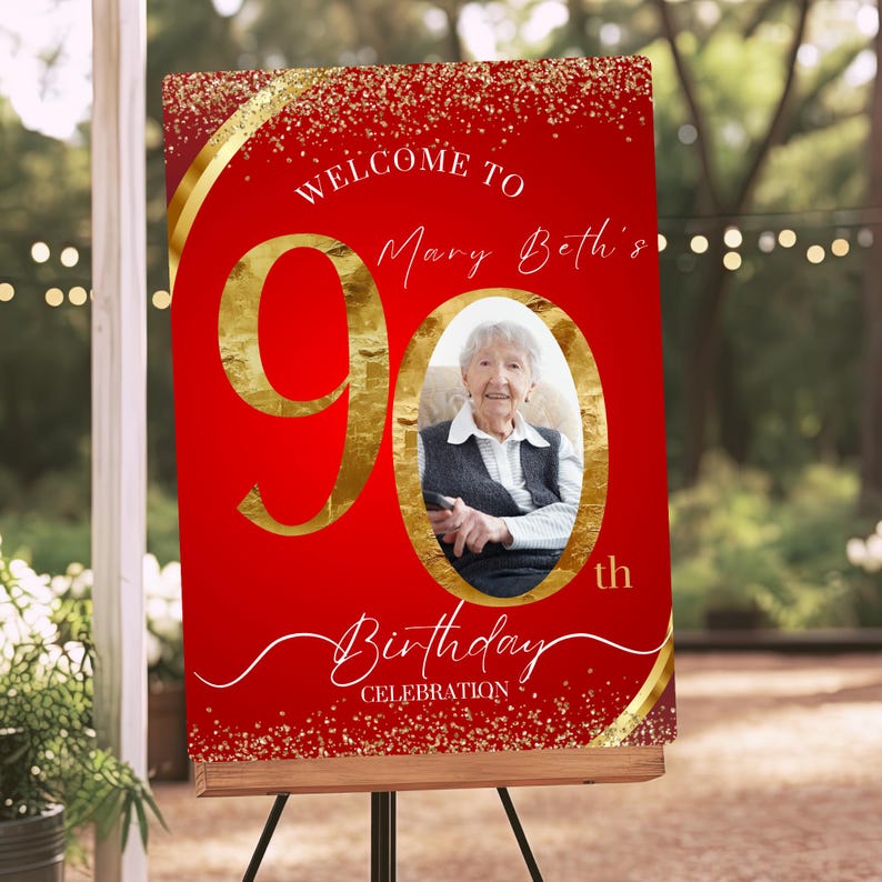 Red 90th Birthday Welcome Sign With Photo, Red & Gold Party Poster, Red ...