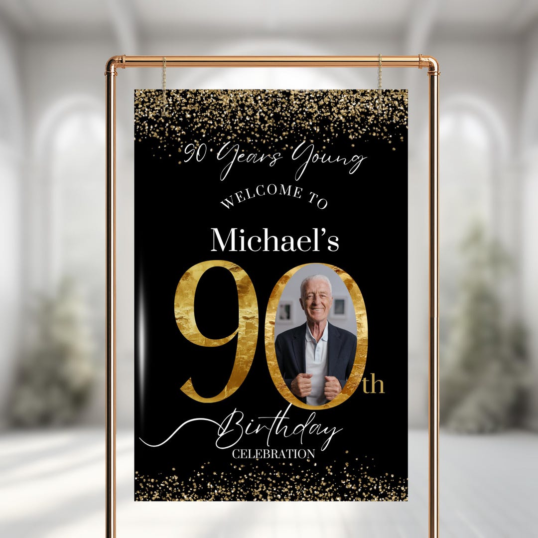 90th Birthday Photo Welcome Sign Template, Black & Gold Party Welcome ...