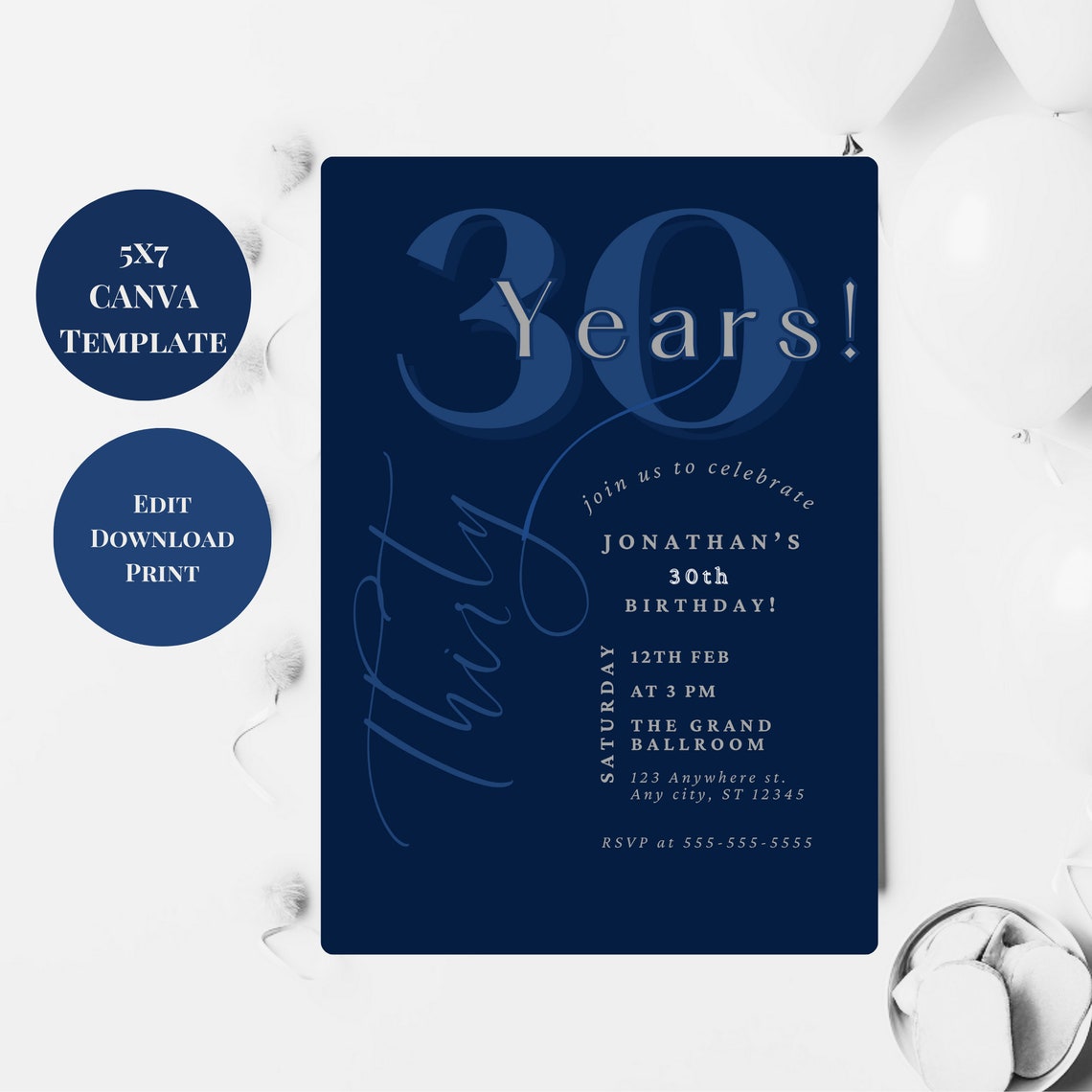 Navy Blue 30th Birthday Invitation Template (digital Download) - Etsy