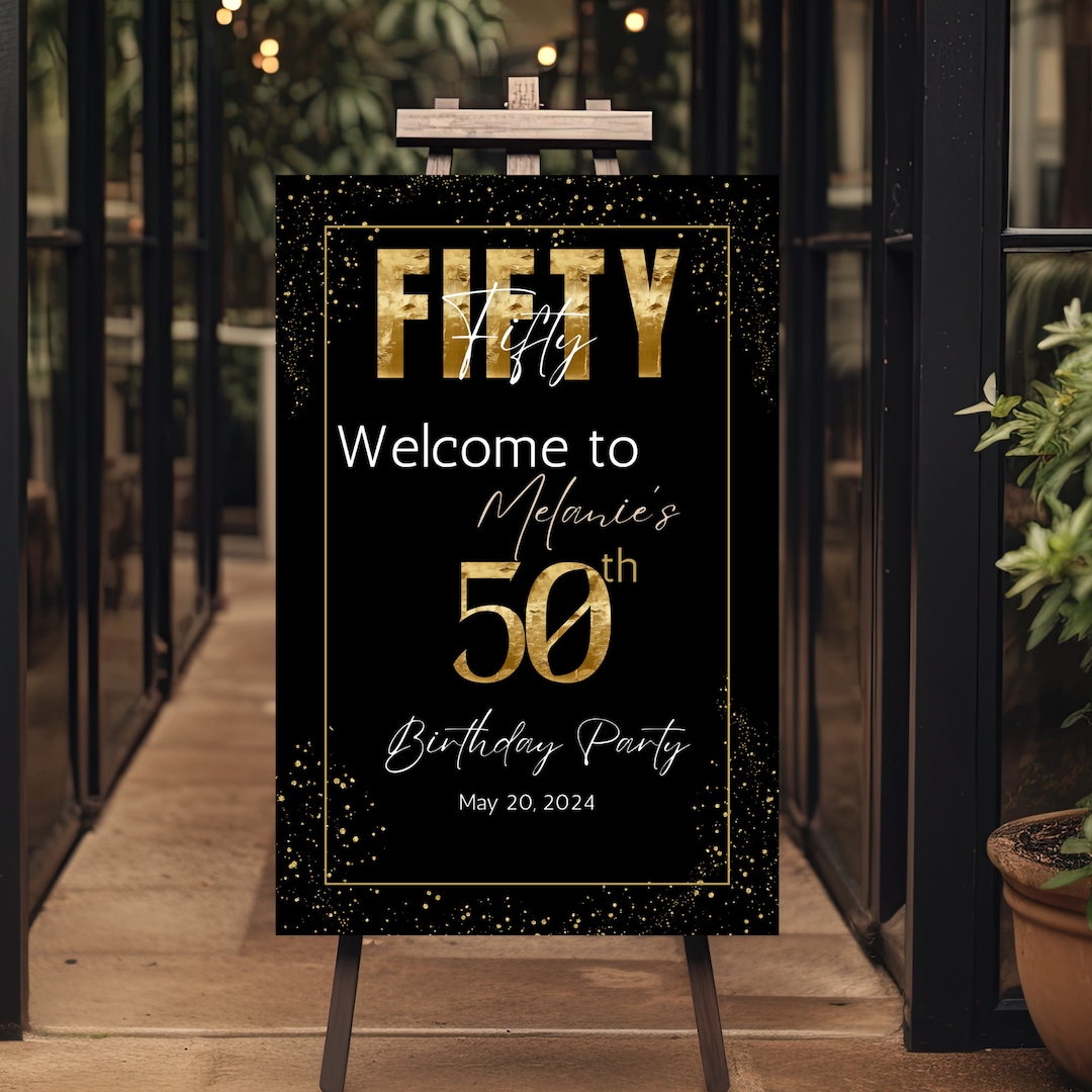 50th Birthday Welcome Sign, Black & Gold 50th Welcome Poster for Party ...