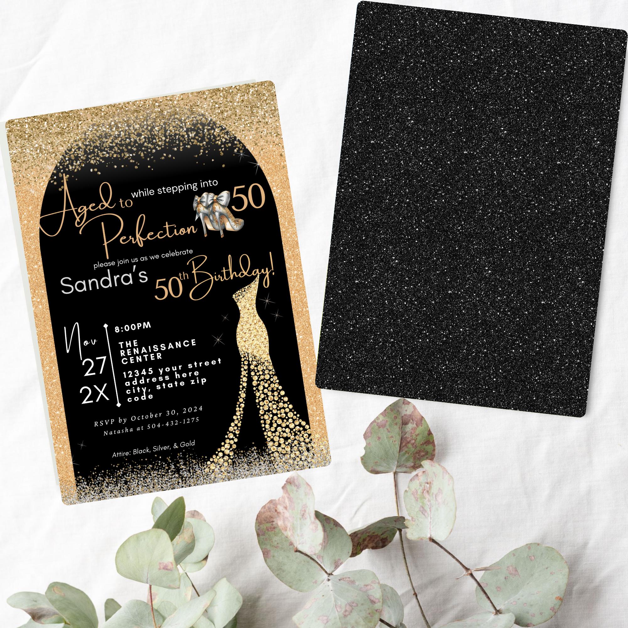 Aged to Perfection 50th Birthday Invitation for Lady, Black & Gold ...