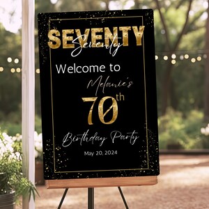 Editable 70th Birthday Welcome Sign, Black & Gold Welcome Poster for ...
