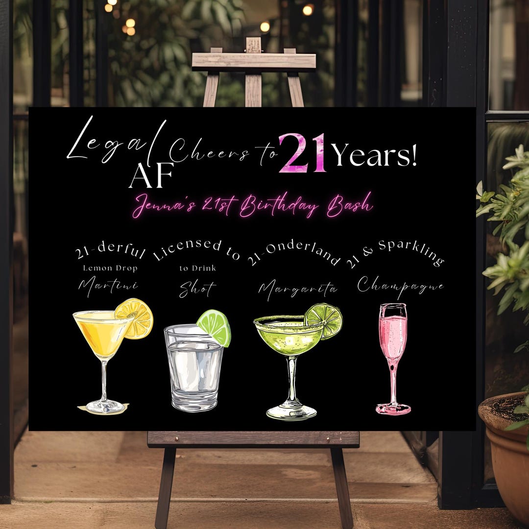 21st Birthday Drink Menu Sign: Pink & Black, Editable 10x8 (digital ...