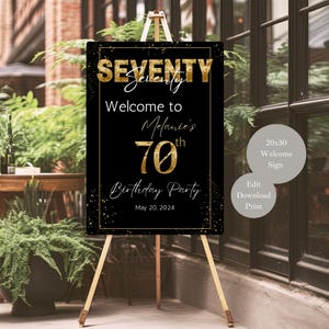 Editable 70th Birthday Welcome Sign, Black & Gold Welcome Poster for ...