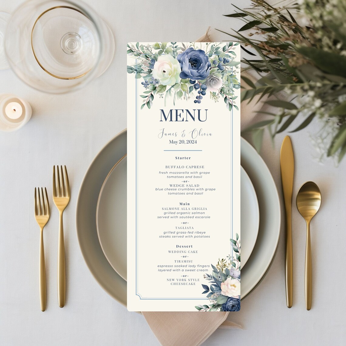 Blue Floral Wedding Menu Template, Dusty Blue & Navy Floral Wedding ...