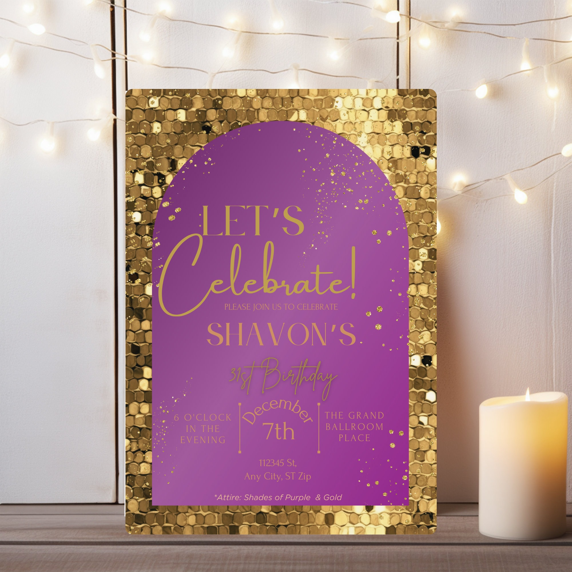 Purple Birthday Invitation, Gold and Purple Arch Shape Birthday ...