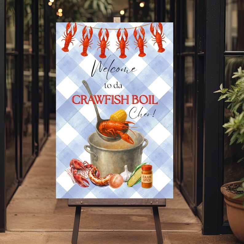 Crawfish Boil Welcome Sign Template: Blue Plaid Seafood Party (digital ...