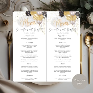 Custom Dinner Menu Template With Black & Gold Balloons, White Black and Gold Birthday Dinner ...