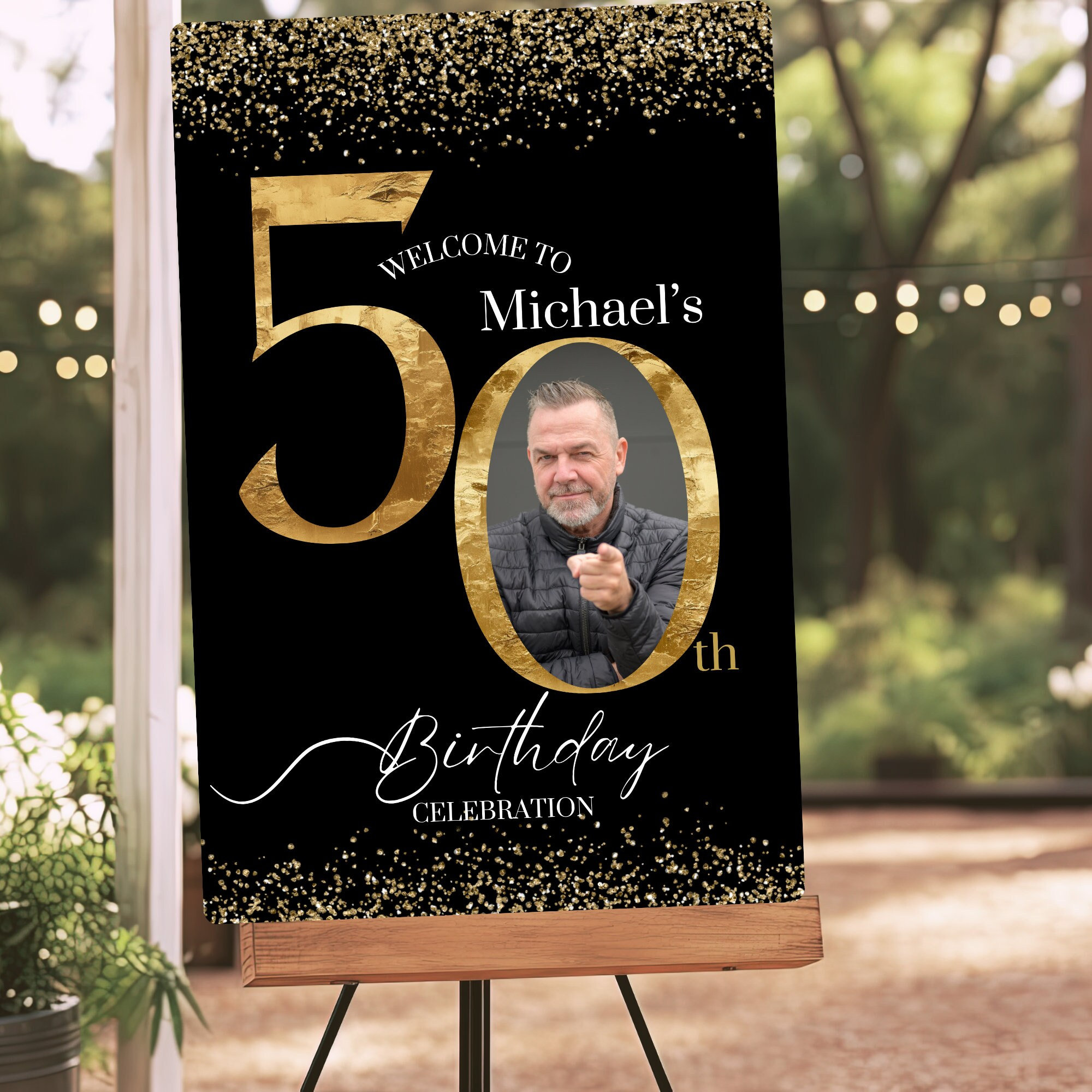 50th Birthday Photo Welcome Sign, Black & Gold Party Welcome Poster ...