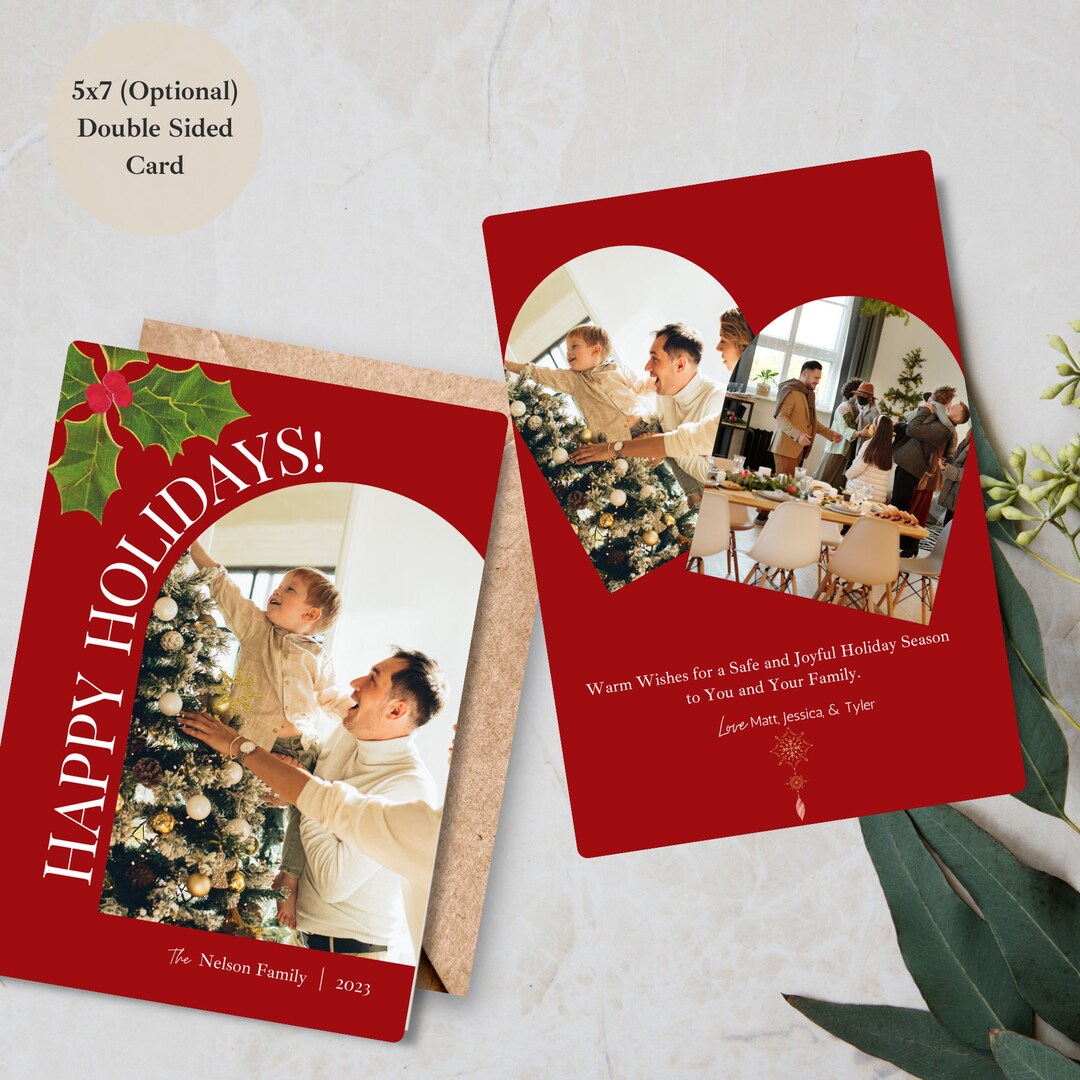 Editable Red Arch Shape Photo Happy Holidays Card, Christmas Photo ...