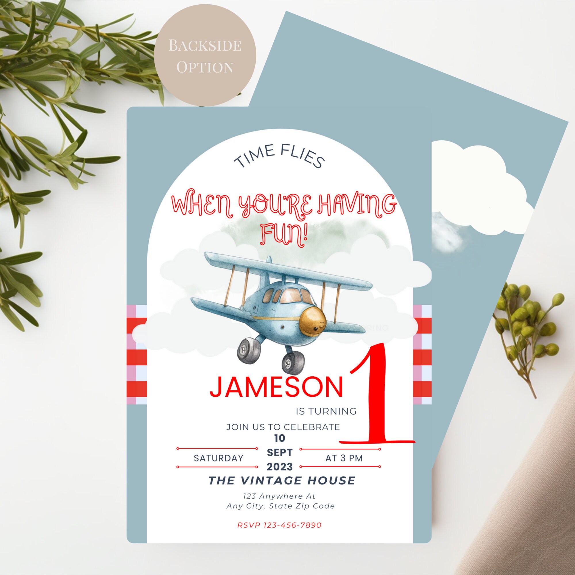 Airplane 1st Birthday Invitation, Blue & Red Birthday Invite, Blue ...